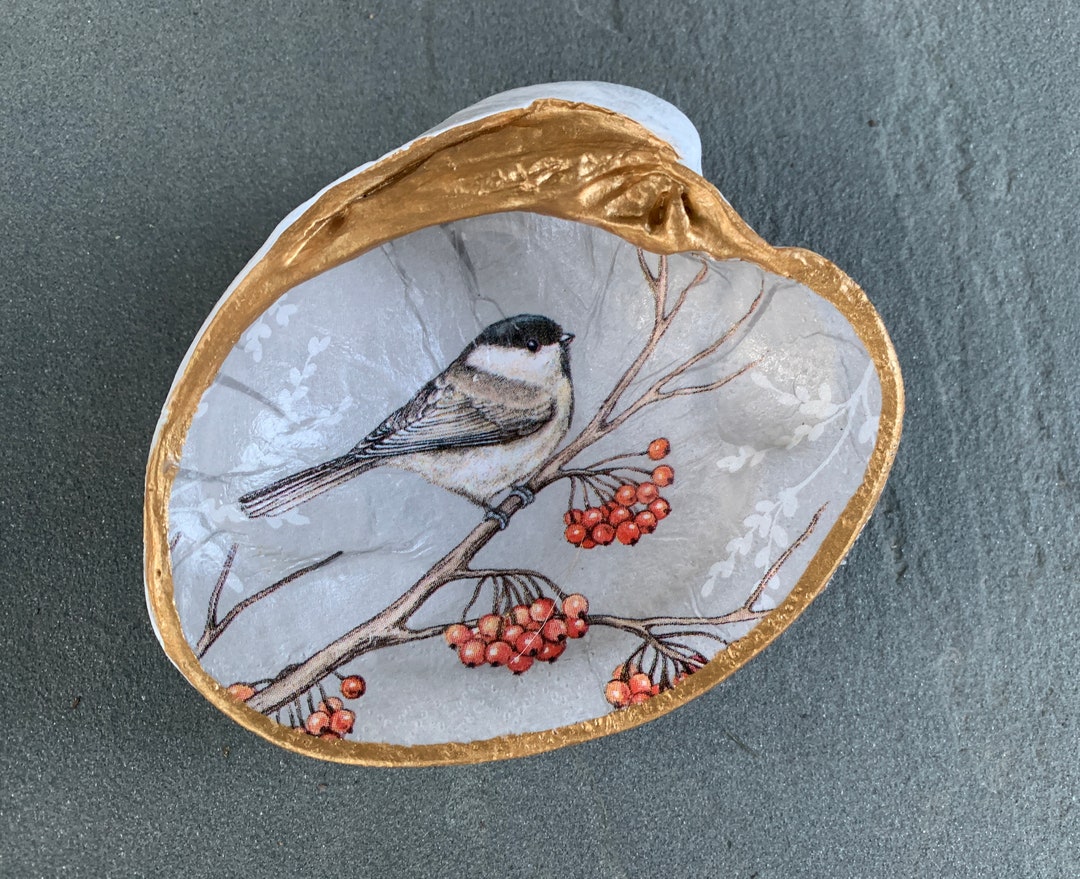 Large Round Gold Trimmed Chickadee Decoupage Clamshell Trinket Jewelry ...