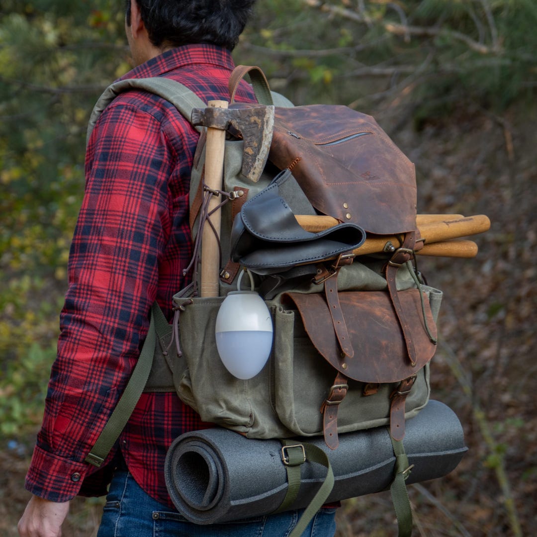 Genuine Leather Waxed Canvas Mountain Backpack for Hiking, Camping ...