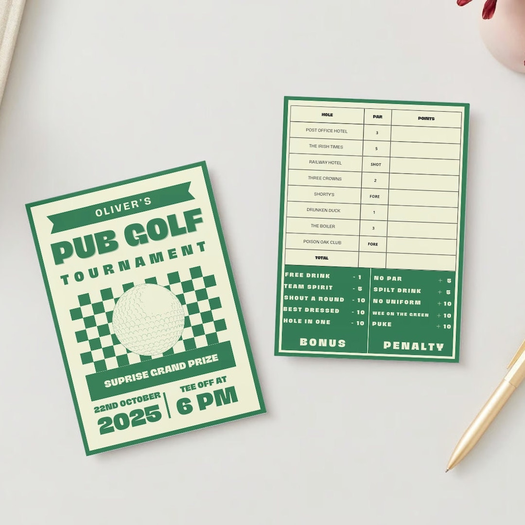 Pub Golf Tournament Scorecard & Invitation - Customisable Digital ...