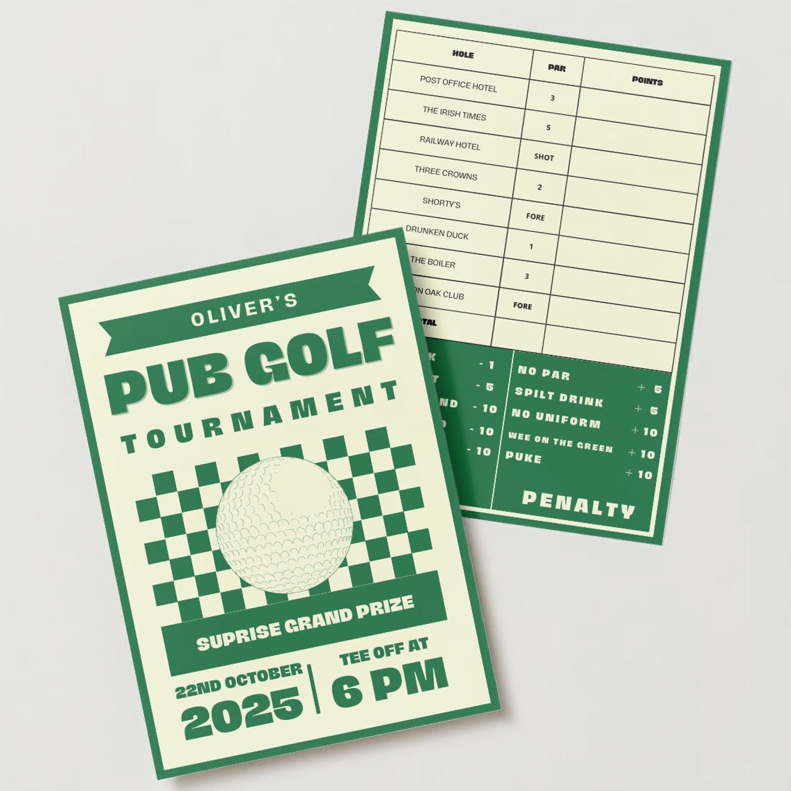 Pub Golf Tournament Scorecard & Invitation - Customisable Digital ...