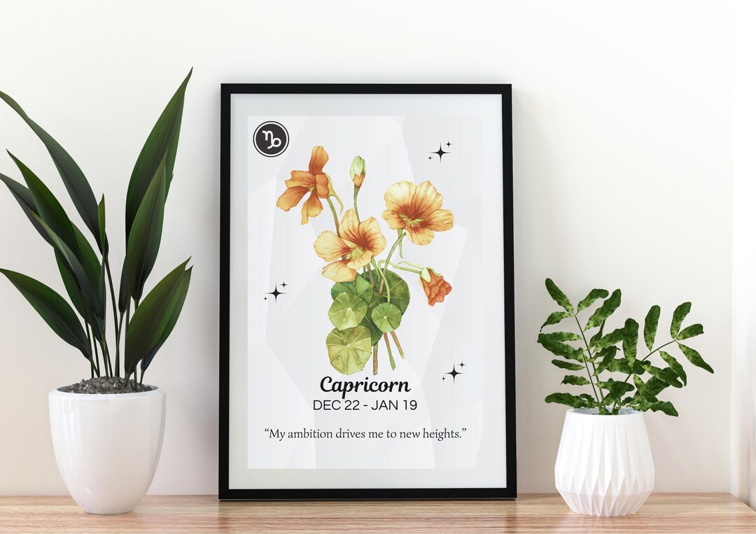 Capricorn Zodiac Sign With Flower Art Print | Floral Wall Art | Home ...