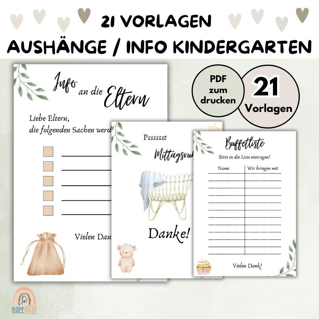 21 Aushänge Kindergarten Vorlagen | Infotafel Kita PDF | Türschilder | Vorlagen für Erzieher ...