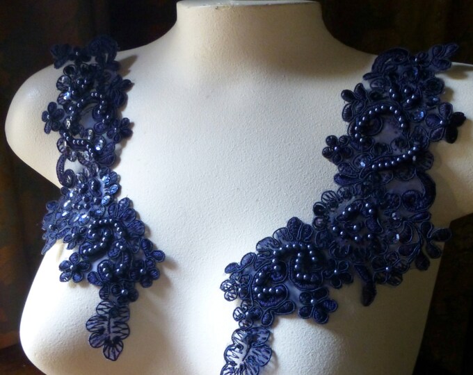 Navy Blue Lace Applique Beaded Lace PAIR for Lyrical Dance, Ballroom ...