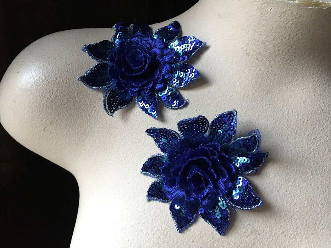 2 ROYAL Blue 3D Beaded Flower Appliques for Lyrical Dance, Ballet ...