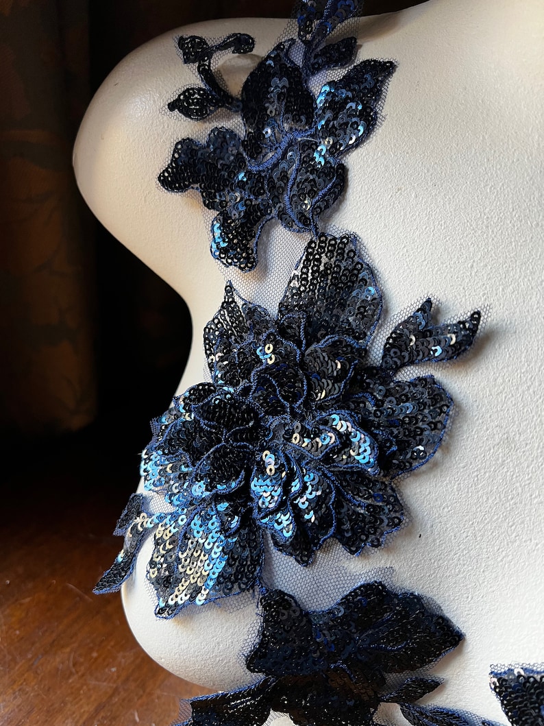 Navy Blue 3D Flower Applique Pair: Beaded Sequin Couture Embellishment ...