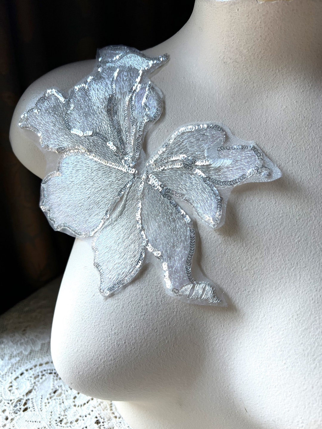 WHITE & Silver Lace Applique Beaded Flower for Lyrical Dance, Ballet ...