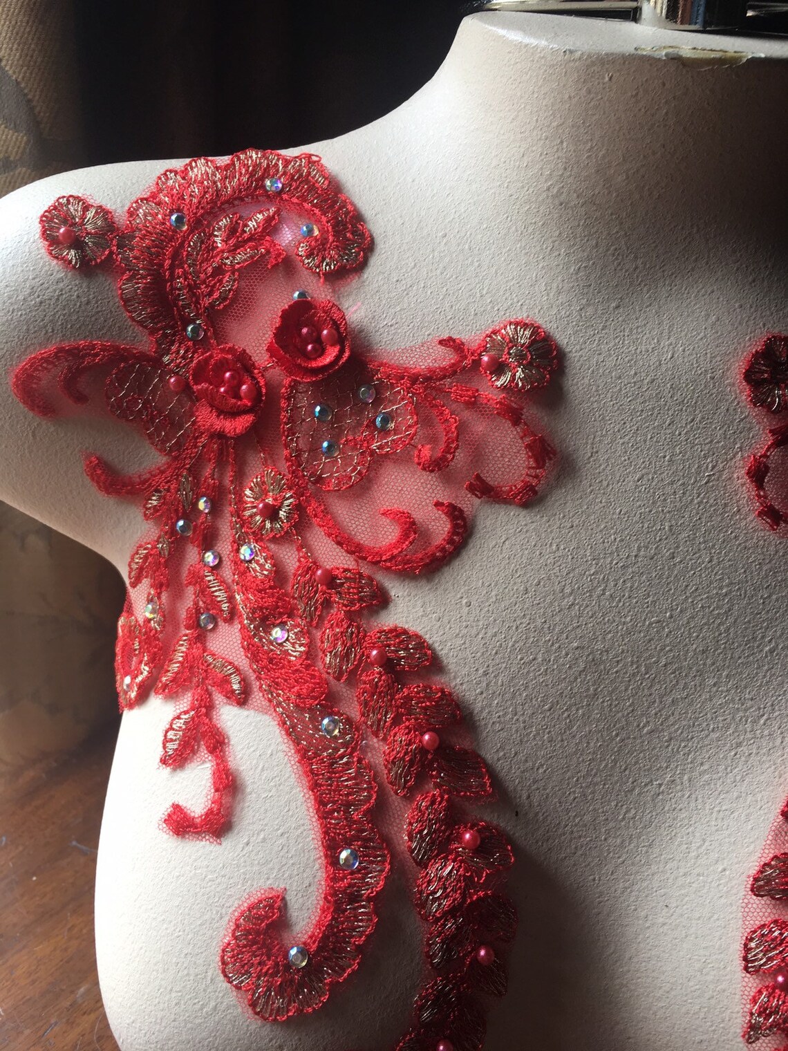 Red & Gold Applique 3D Beaded PAIR Rhinestones Faux Pearls for - Etsy