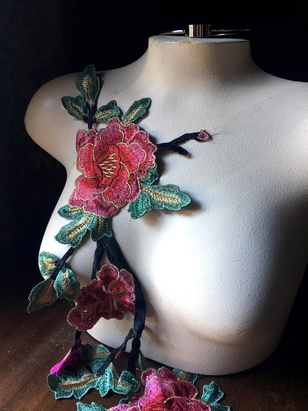 Red & Fuchsia Rose Gold Embroidered Lace Applique - 20" Long CA 936 - Etsy