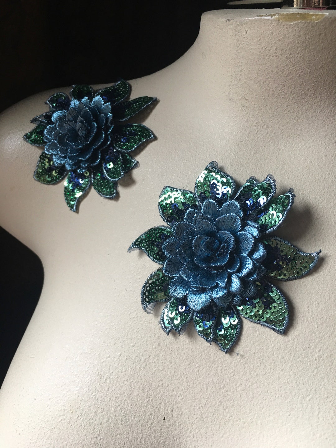 2 BLUE & GREEN 3D Beaded Flower Appliques for Lyrical Dance, Ballet ...