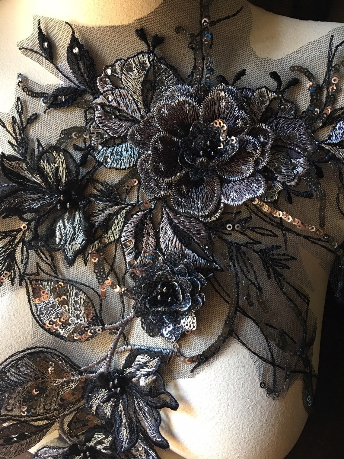 BLACK & SILVER 3D Applique 2 Beaded and Embroidered for - Etsy