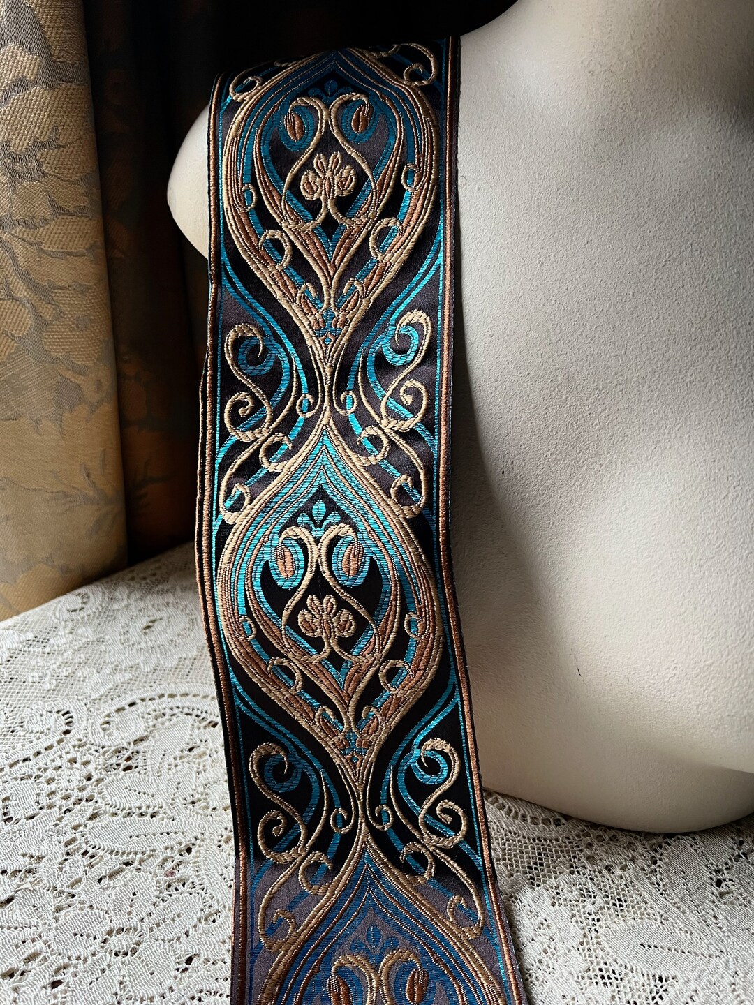 TEAL & Coppery Gold Jacquard Ribbon Trim for Garments, Costume Design ...