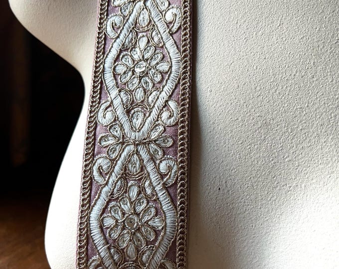 Rose Pink Silk Sari Trim: Ivory & Gold Embroidered Beaded Border TR 427 ...
