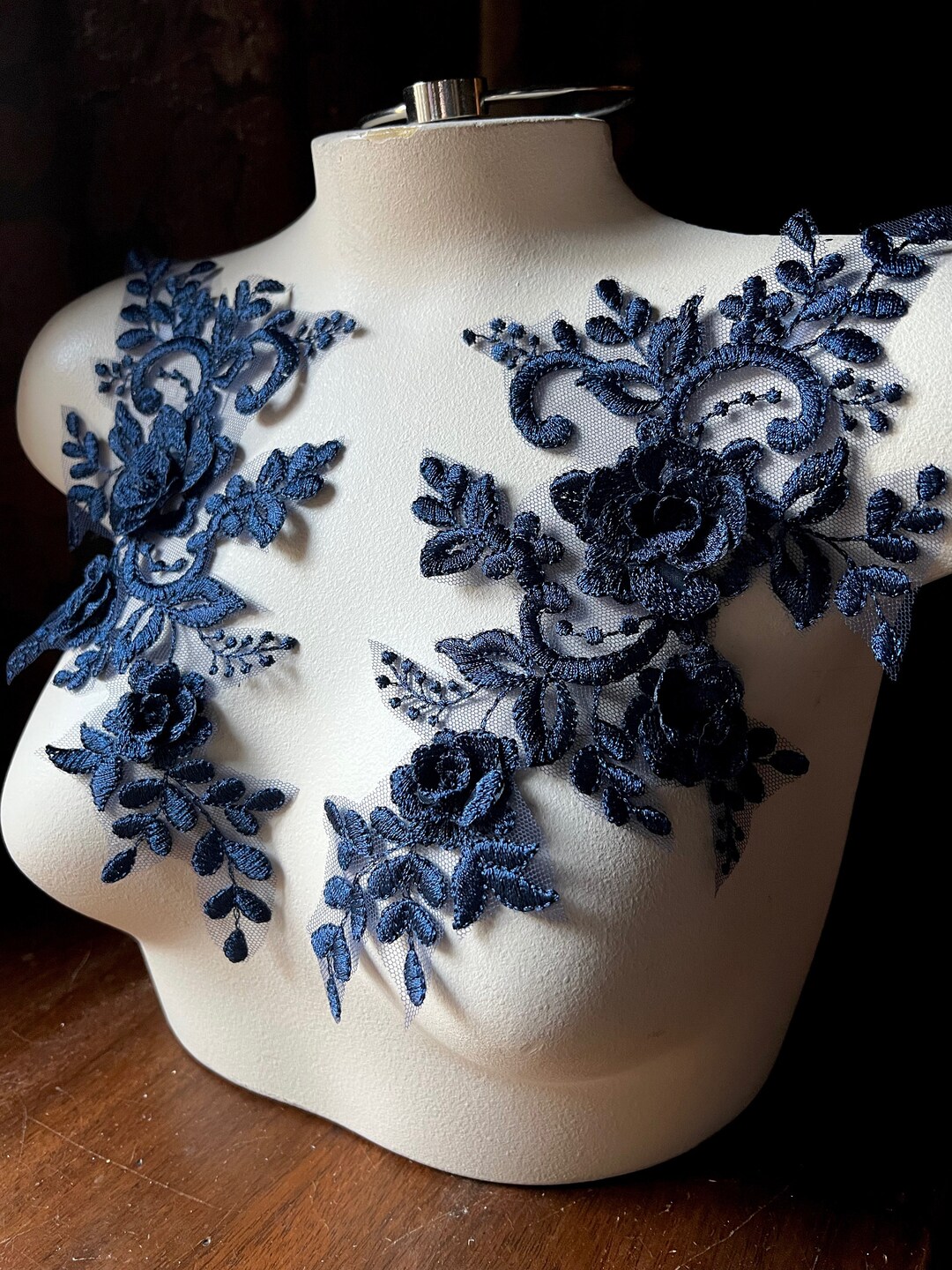 Navy Blue 3D Lace Applique Pair, Floral, Bridal Embellishment F151,same ...