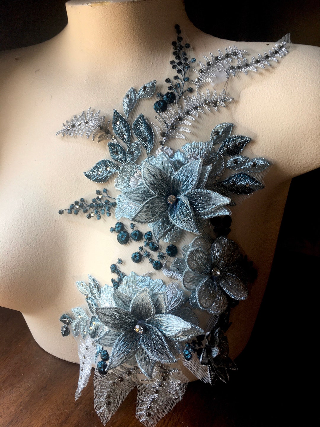 ICE Blue, Teal & Silver 3D Applique #1 Beaded and Embroidered for ...
