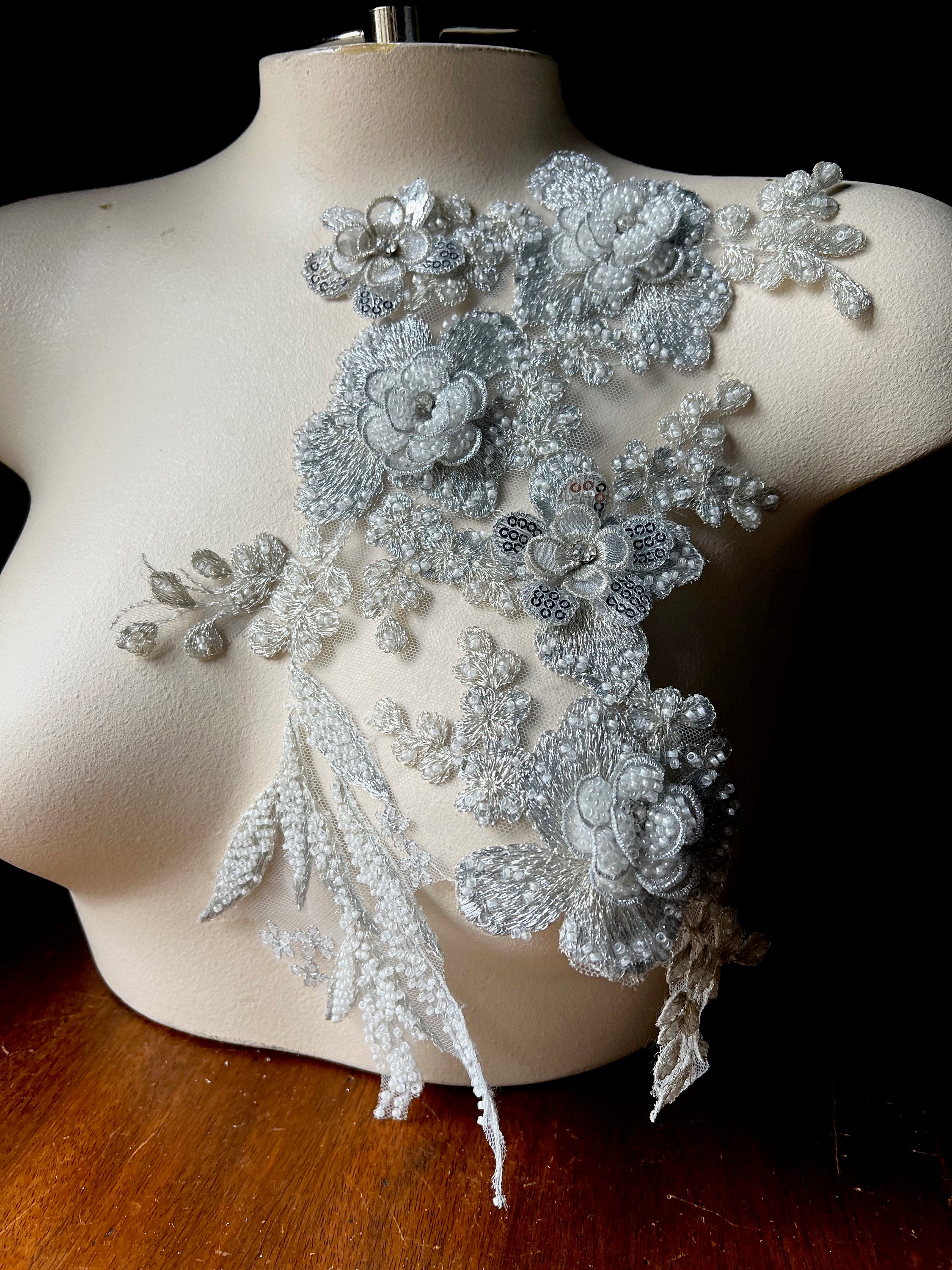 SILVER Applique Beaded Lace #1 for Lyrical Dance, Ballet, Couture Gowns ...