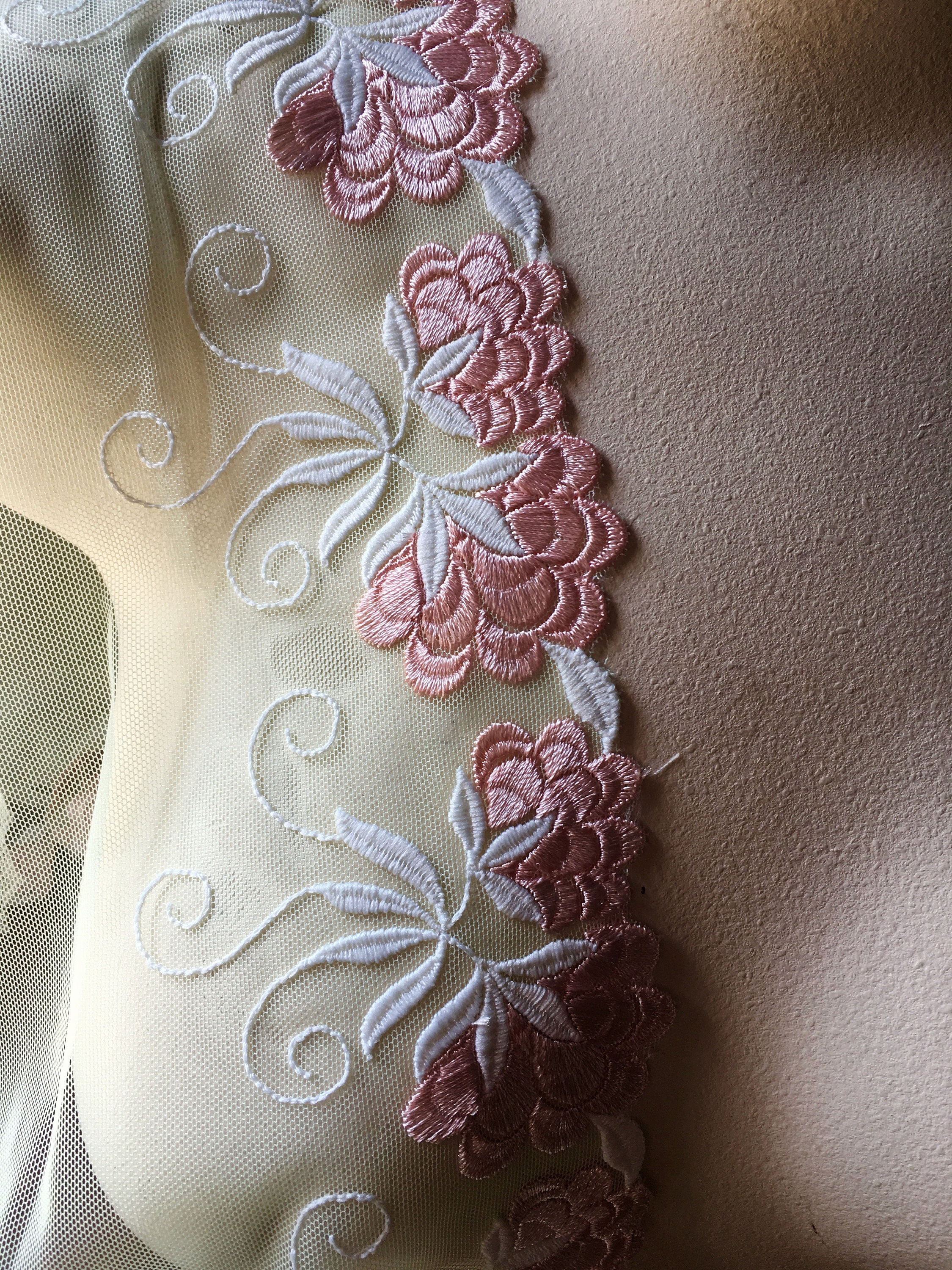 Pink Green Rose Lace Embroidered Lace Wide for Lingerie, Garments CL ...