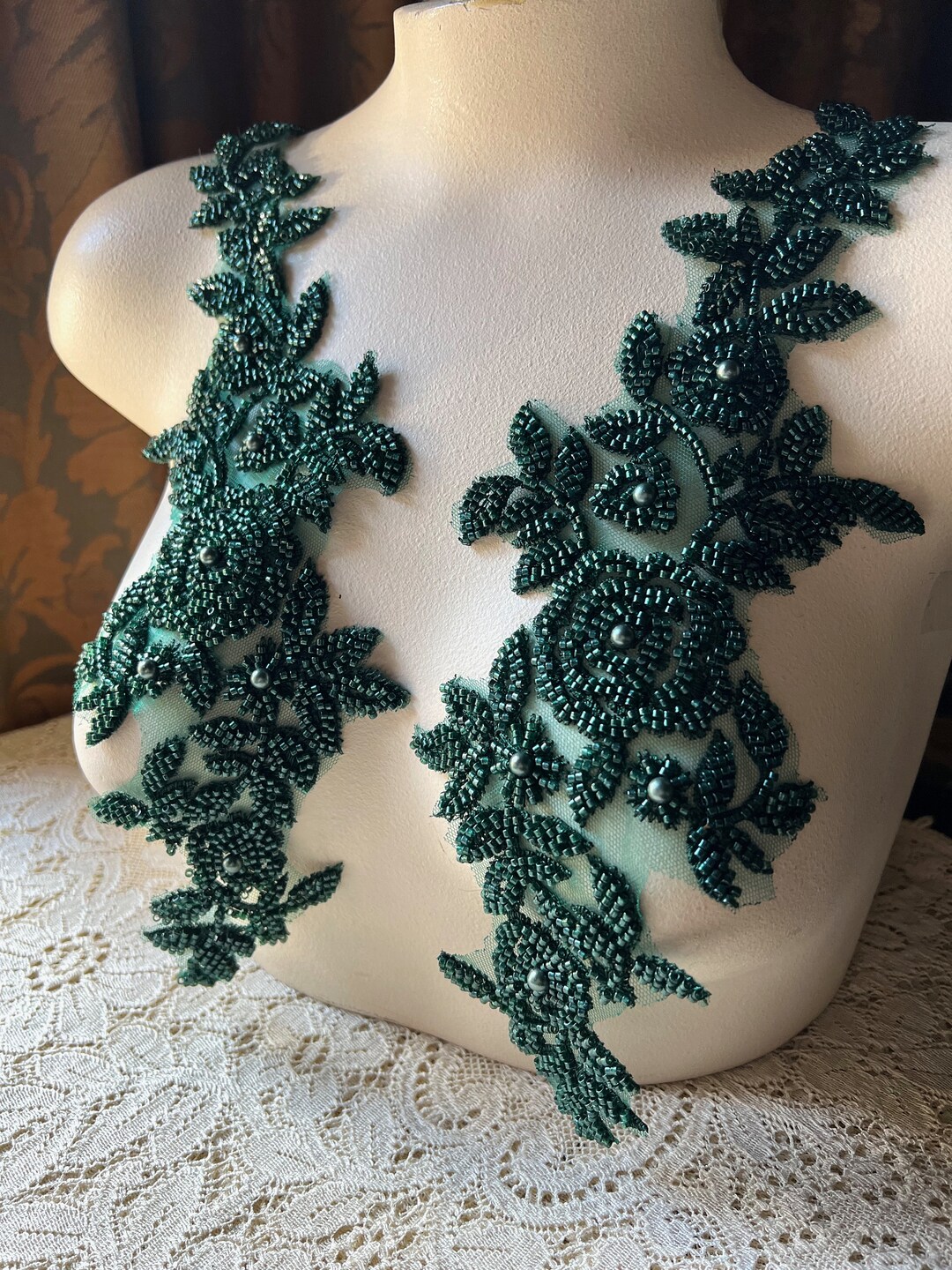 GREEN Applique PAIR Beaded Lace for GRAD, Prom, Lyrical Dance, Ballet ...