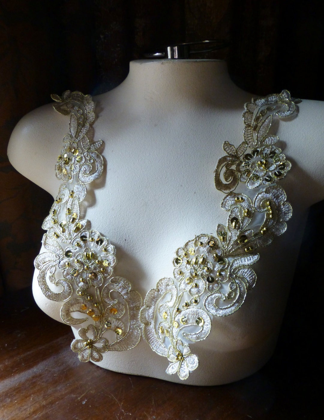 Bright Gold Beaded Lace Applique Pair for Bridal, Sashes, Headbands ...