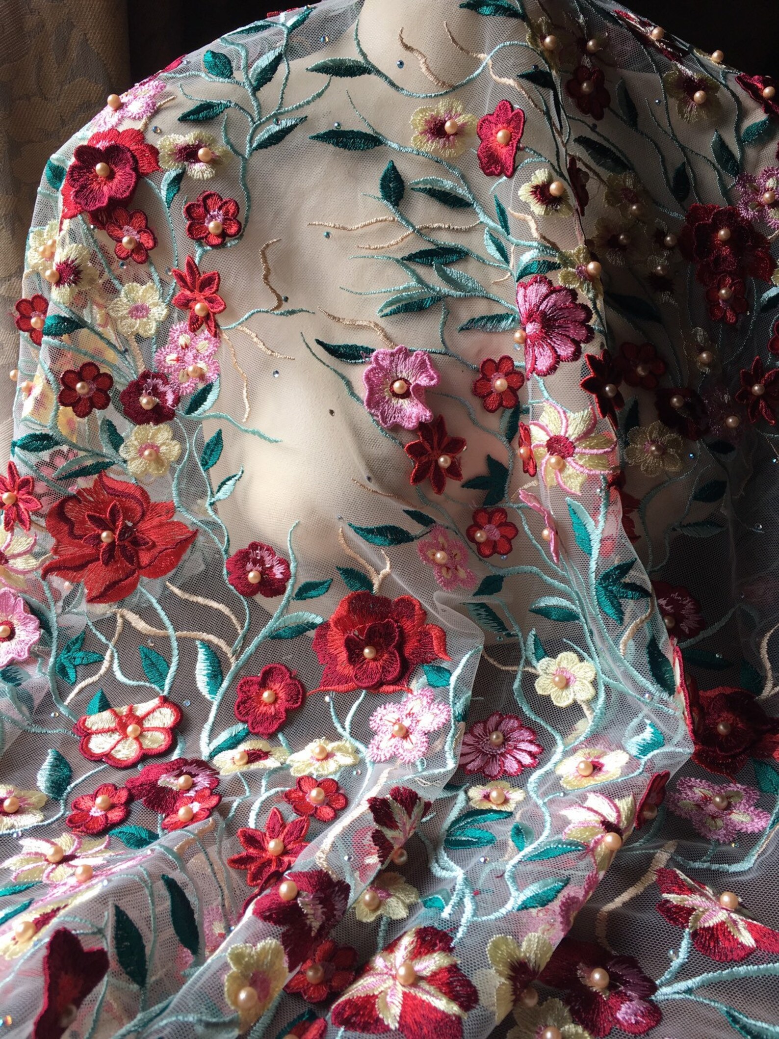 SALE Red Rose 3D Lace Fabric With Faux Pearls for Prom Grad - Etsy