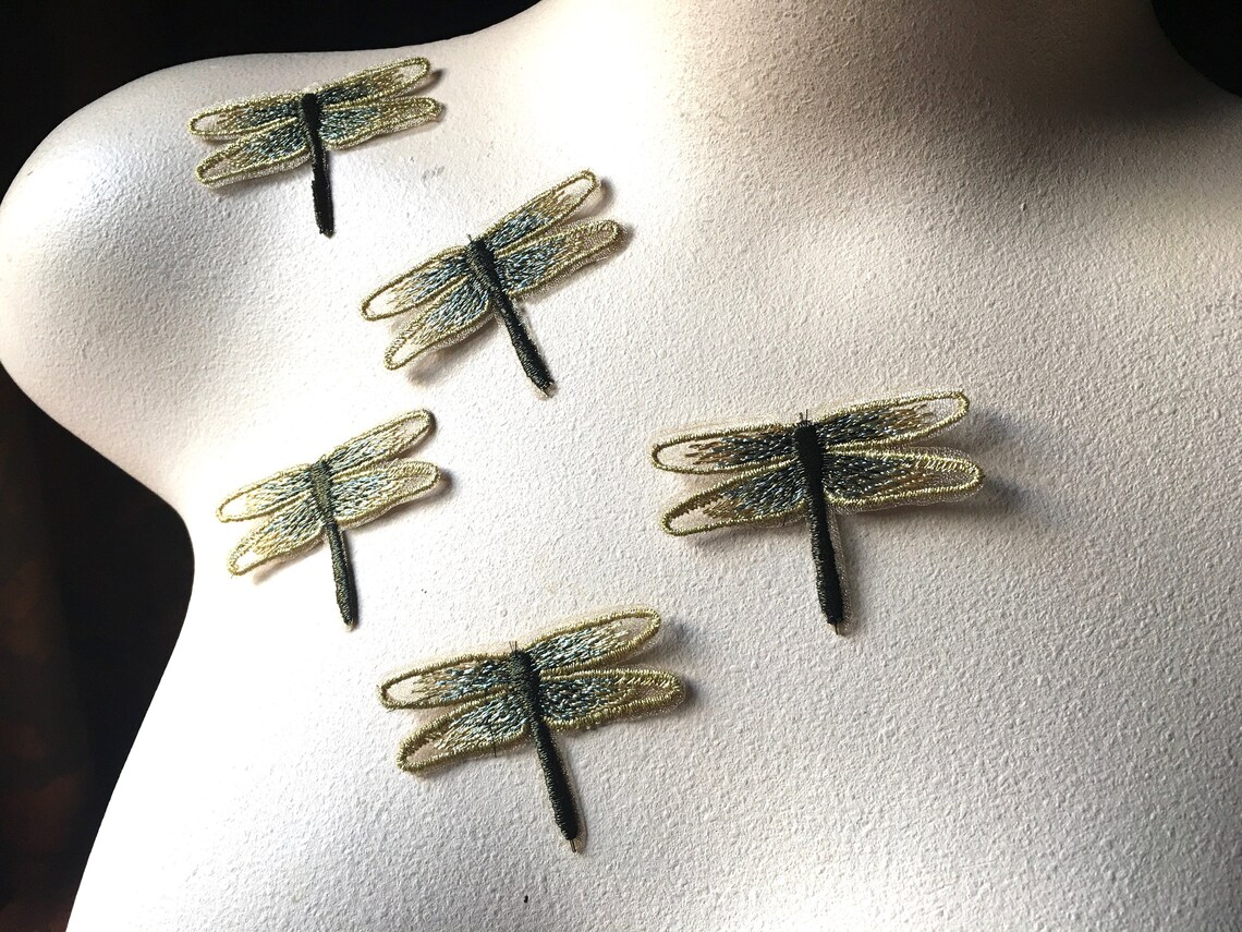 5 GOLD & GREEN Dragonfly Appliques Insects iridescent for | Etsy