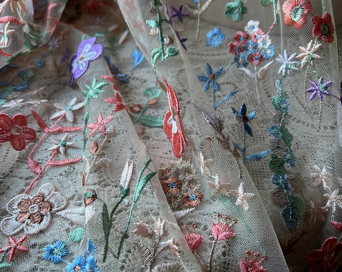 SALE Multicolored Fabric Embroidered Lace Fabric on BEIGE Net for ...