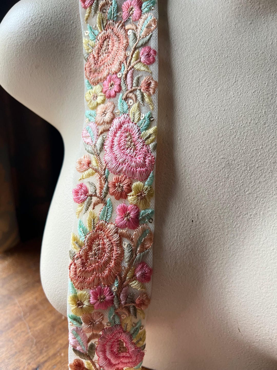 Embroidered Sari Trim: Peach, Pink, Aqua Floral Beaded Net TR 436 - Etsy