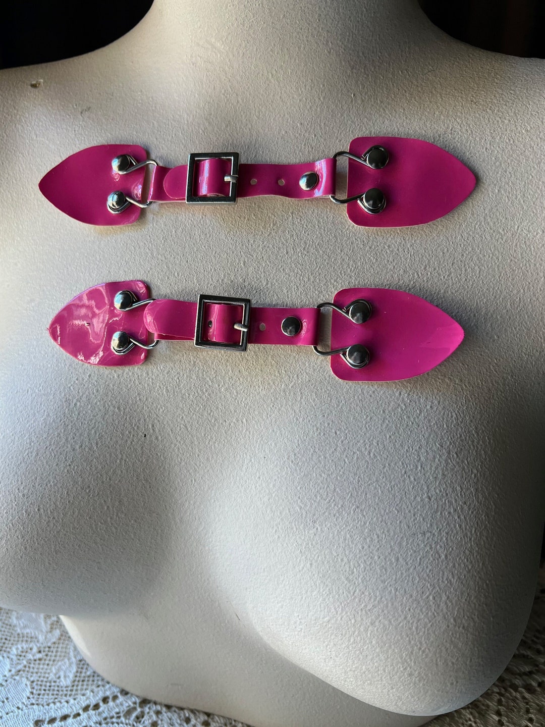 2 HOT PINK Buckles Faux Patent Leather Front Tabs for Garments, Cosplay ...