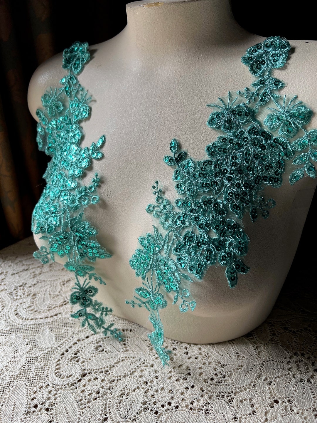 AQUAMARINE Lace Beaded Applique Pair for Lyrical Dance, Mermaids ...