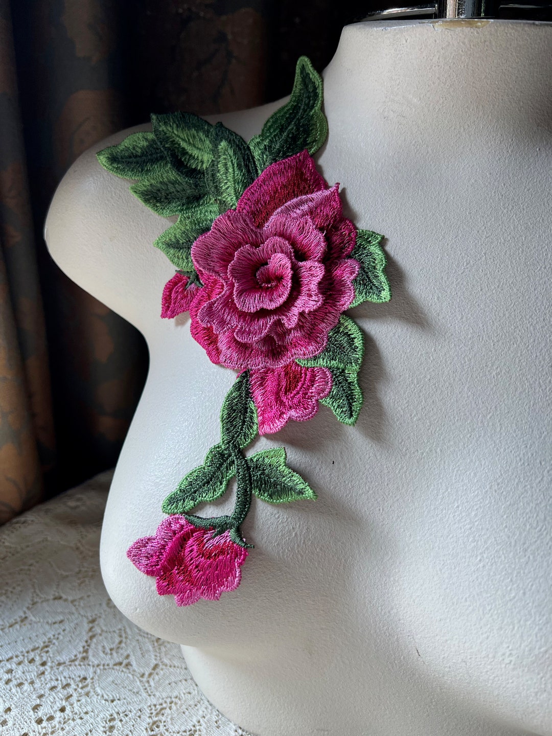 3D Deep PINK Rose Lace Rose Applique for Grad Gowns, Garments, Costume ...