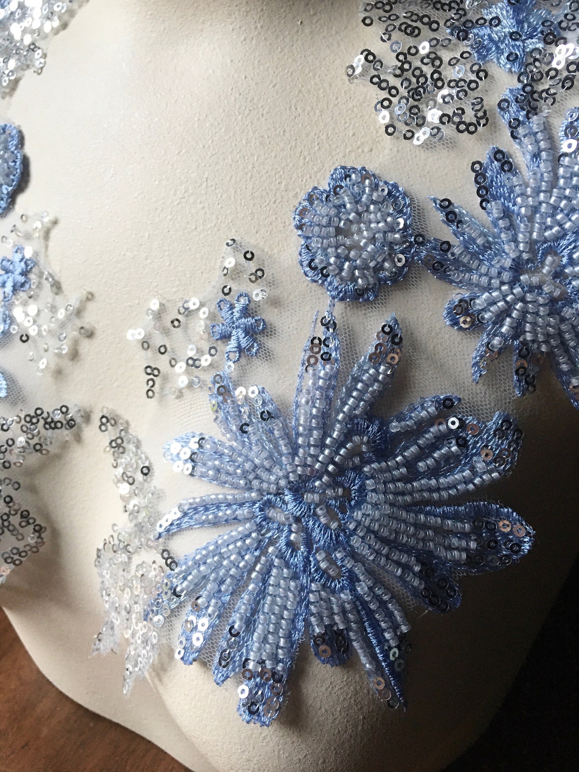 Periwinkle Blue 3D Applique PAIR Beaded and Embroidered for - Etsy