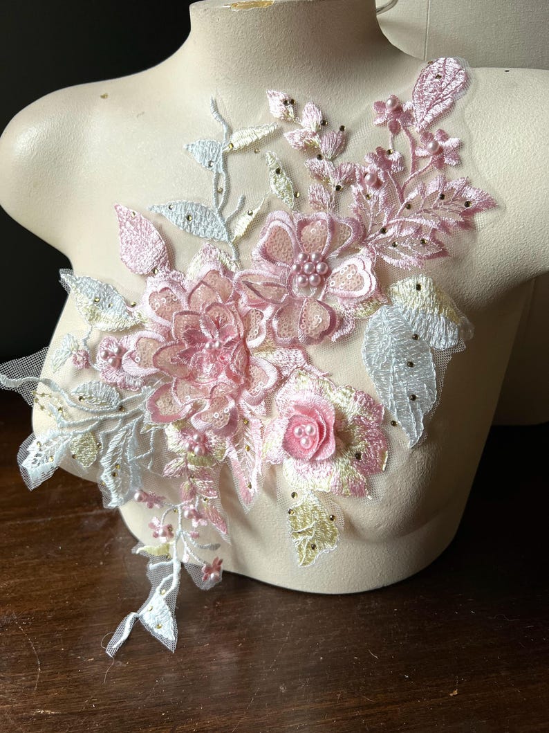 Pink & Green 3D Floral Lace Applique: Beaded Embroidered Couture F24-2 ...