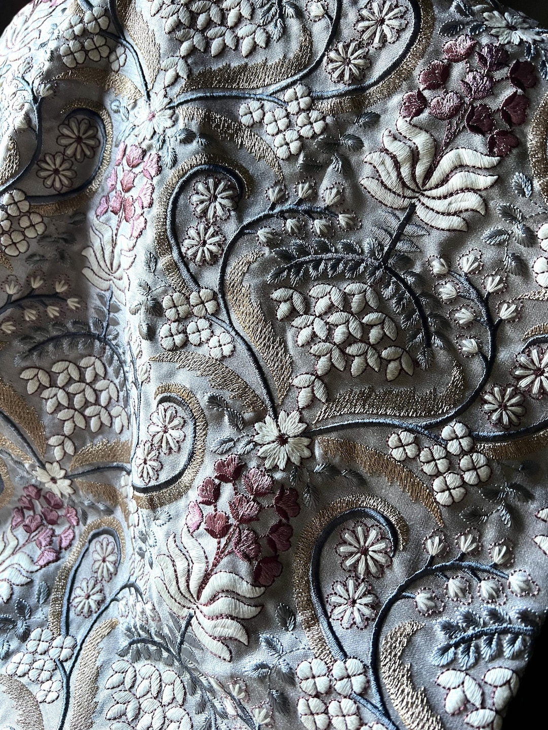 Grey Fine Embroidered Fabric, Floral Russet Gold Design (fat Quarter ...