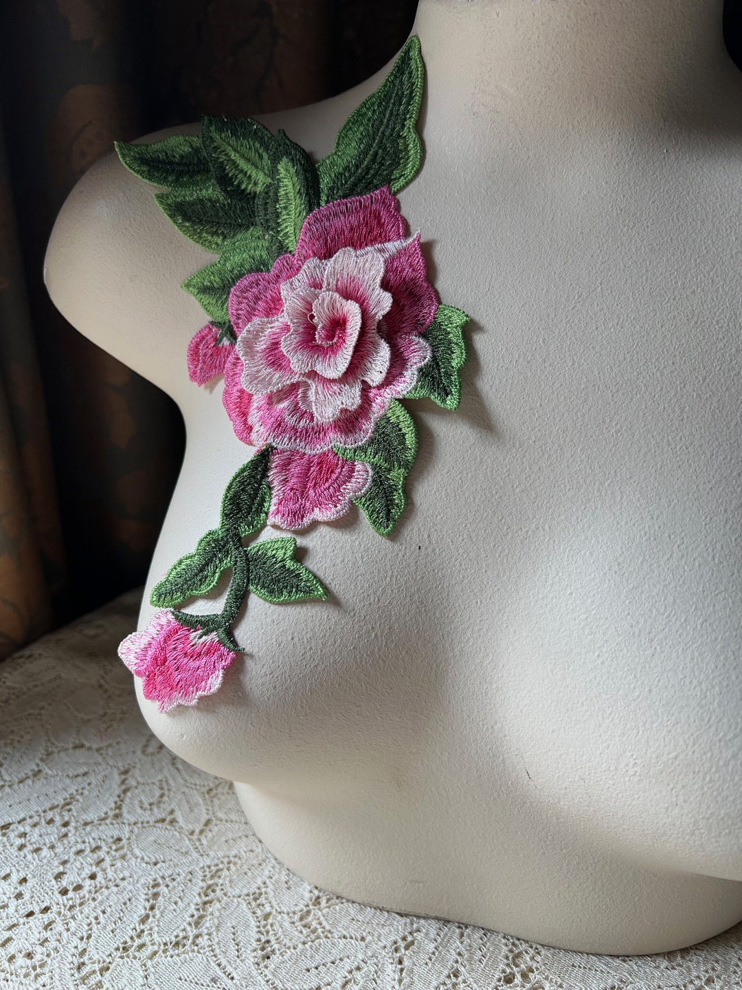 3D PINK Rose Lace Rose Applique for Grad Gowns, Garments, Costume ...