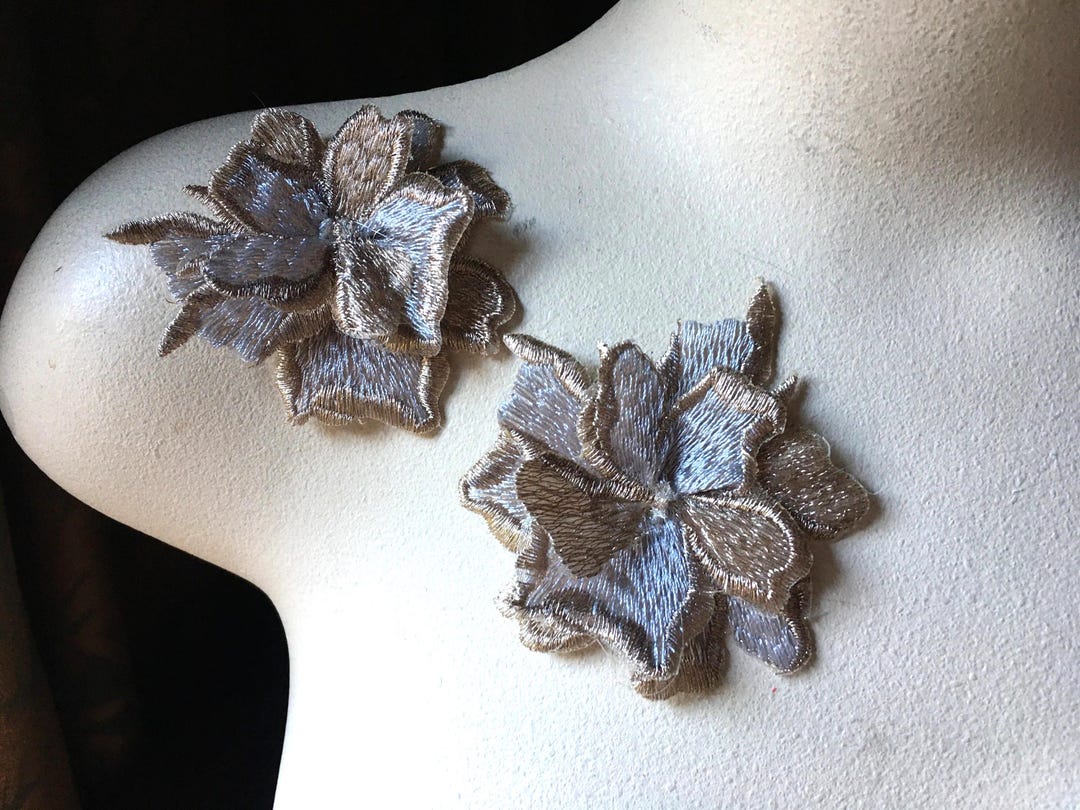 2 Pcs. Blue & Gold 3D Beaded Flower Appliques: Lyrical Dance, Ballet - Etsy