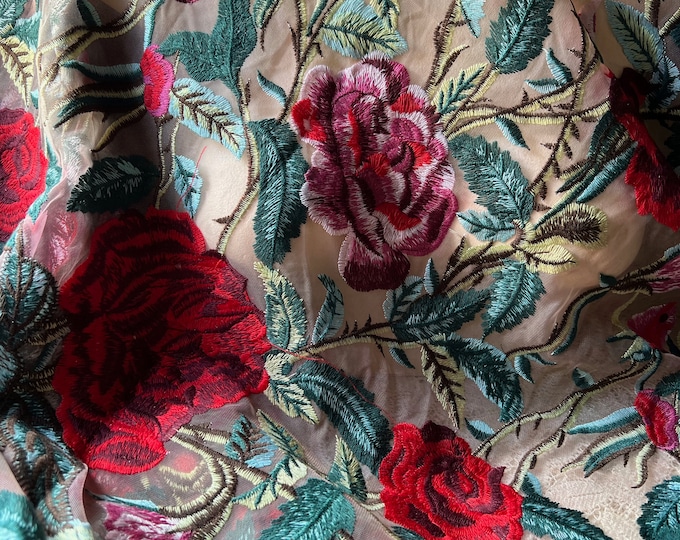 Red Rose Embroidered Lace Fabric for Grad, Prom, Gowns, Costumes - Etsy