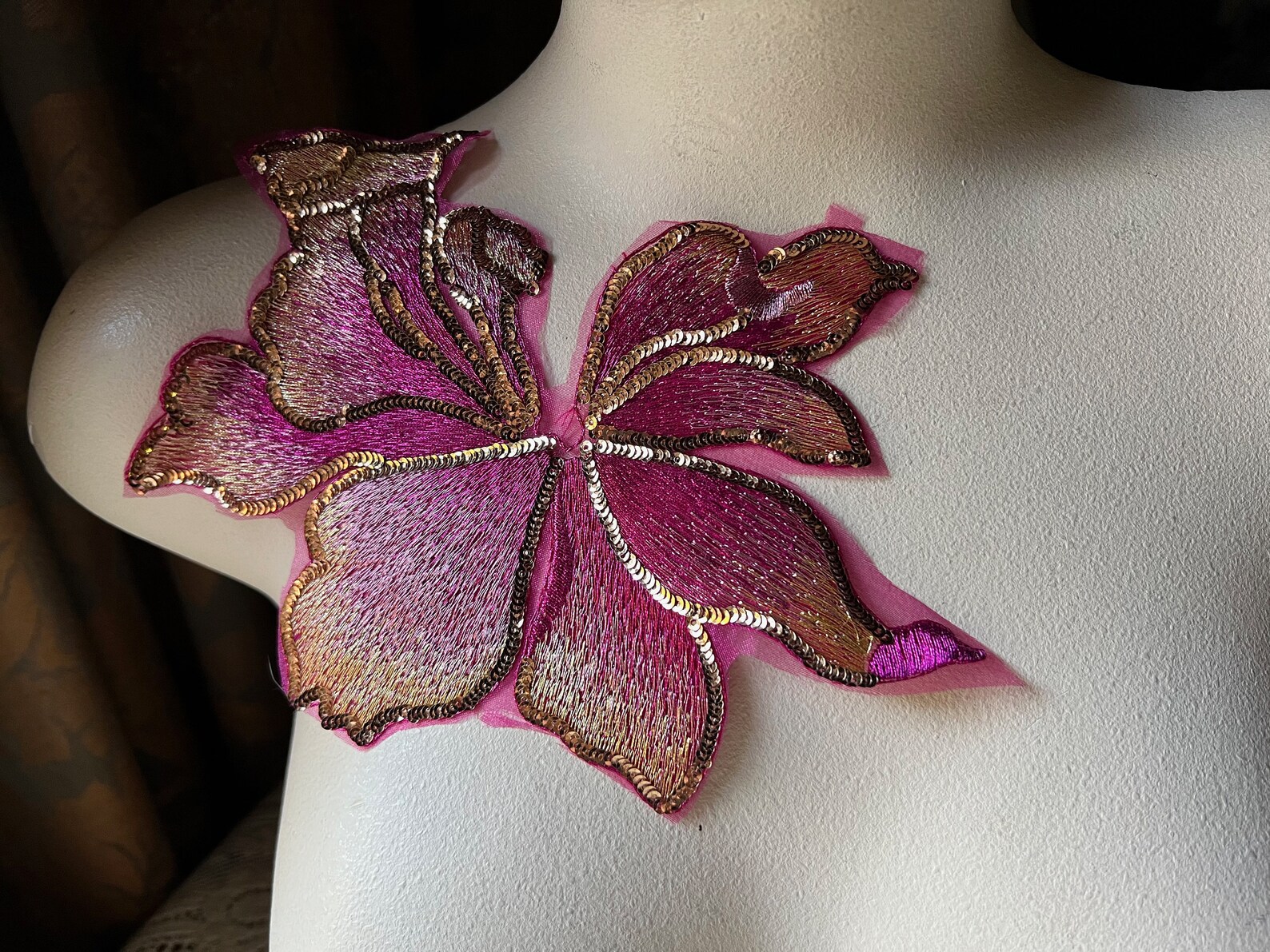 FUCHSIA & Gold Lace Applique Beaded Flower for Lyrical Dance, Ballet ...
