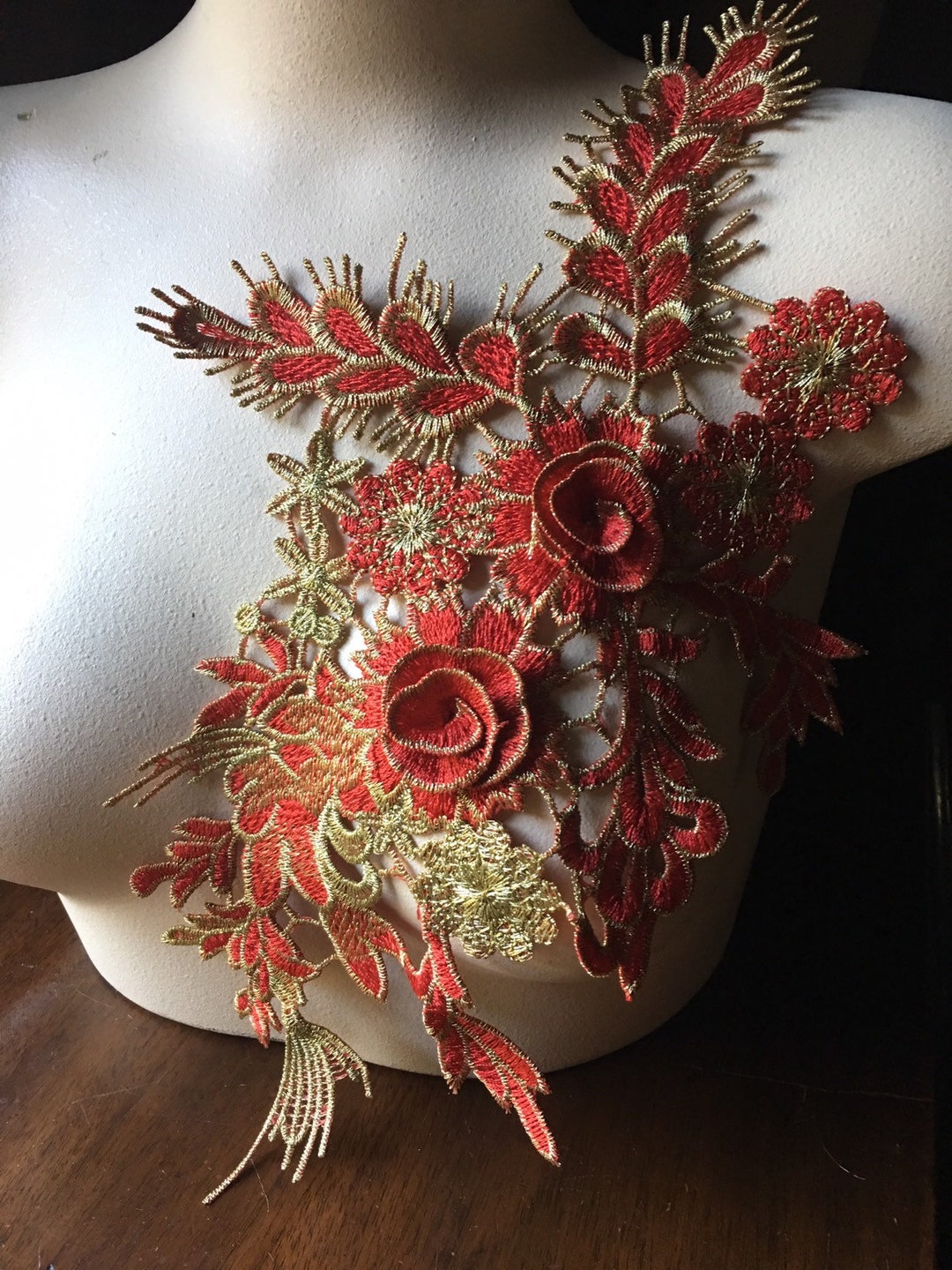 Red & Gold 3D Rose Lace Applique: Ballet, Bridal, Costume Design CA 907 ...