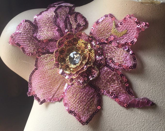 PINK 3D Lace Applique Beaded Flower for Lyrical Dance, Ballet, Garments ...