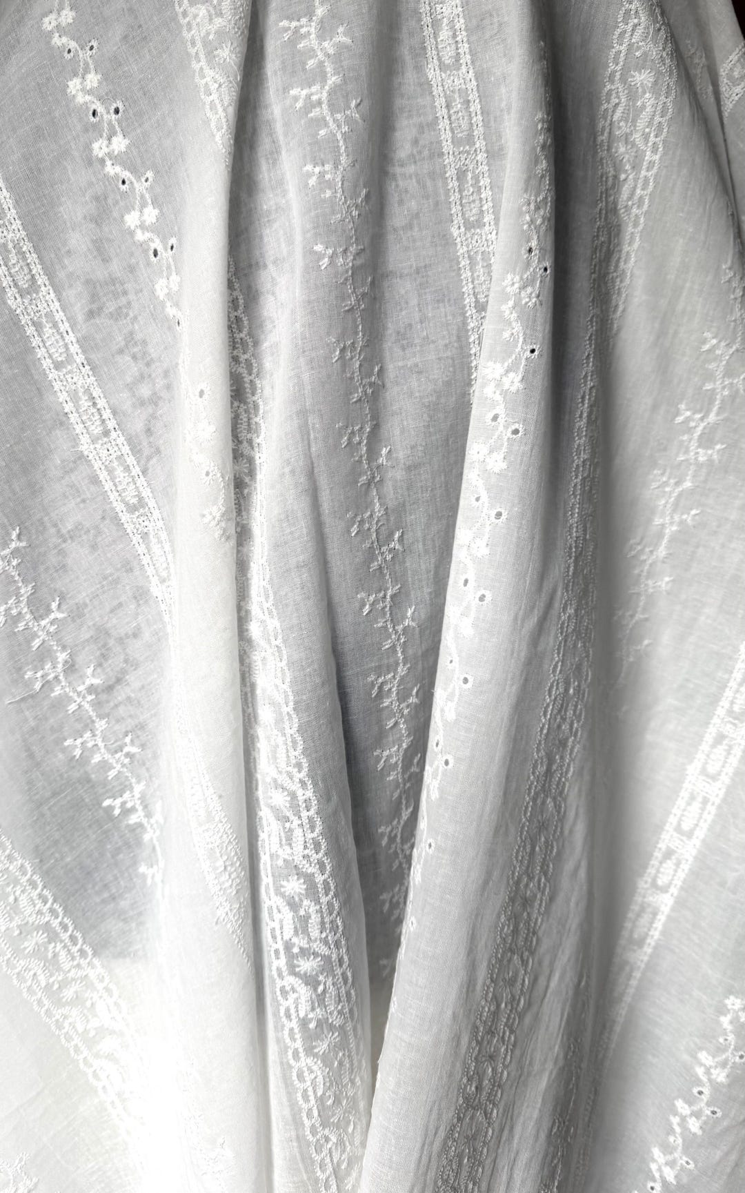 WHITE Embroidered Cotton Fabric 52