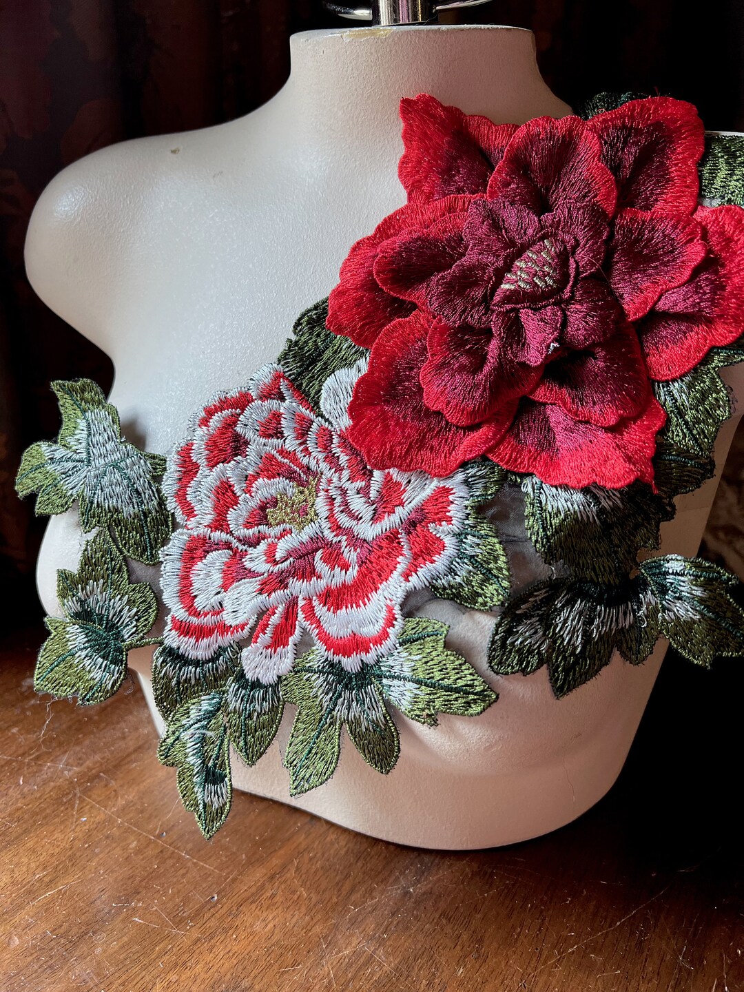 Red 3D Rose Lace Applique: Large Floral Embroidery for Costumes CA 980 ...