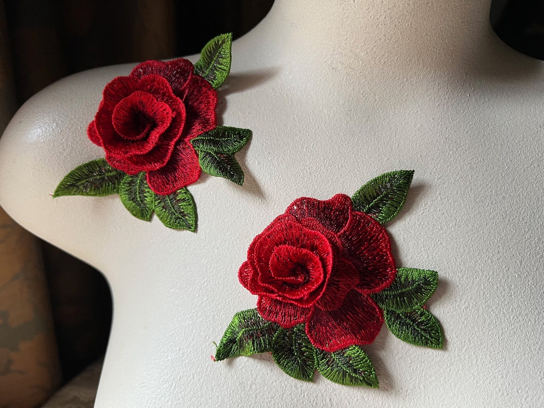 2 RED Rose 3D Appliques Lace Appliques for Grad Gowns, Garments ...