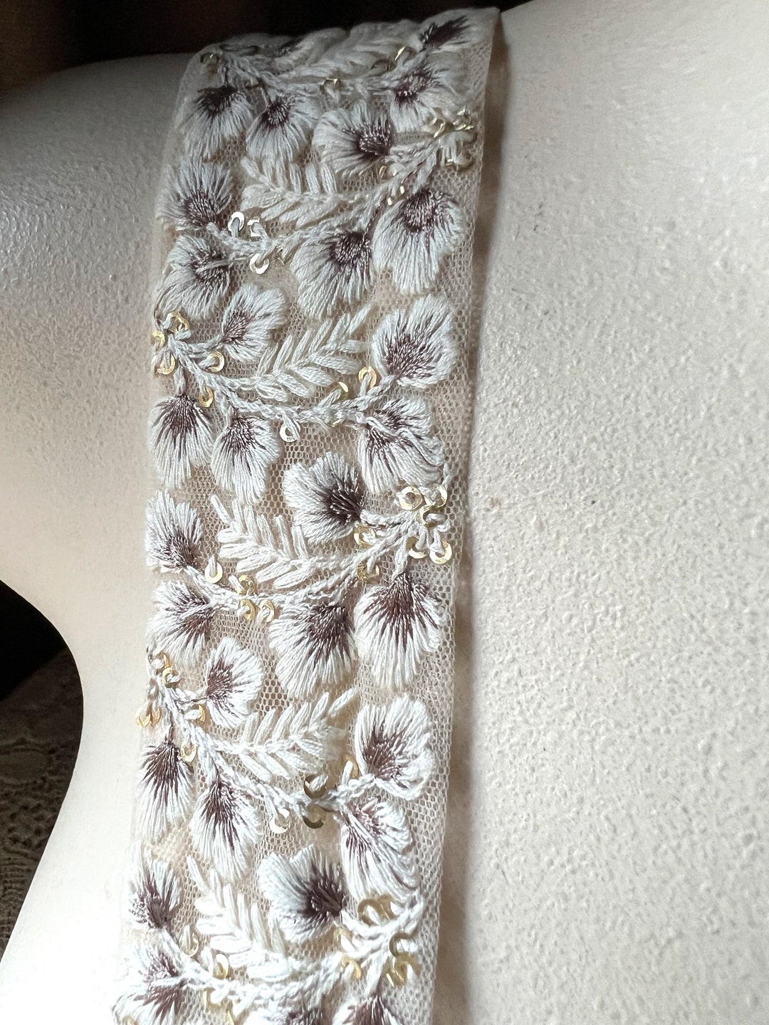 Embroidered Sari Trim: Mocha, Ivory, and Gold Beaded Net TR 320 Mocha - Etsy
