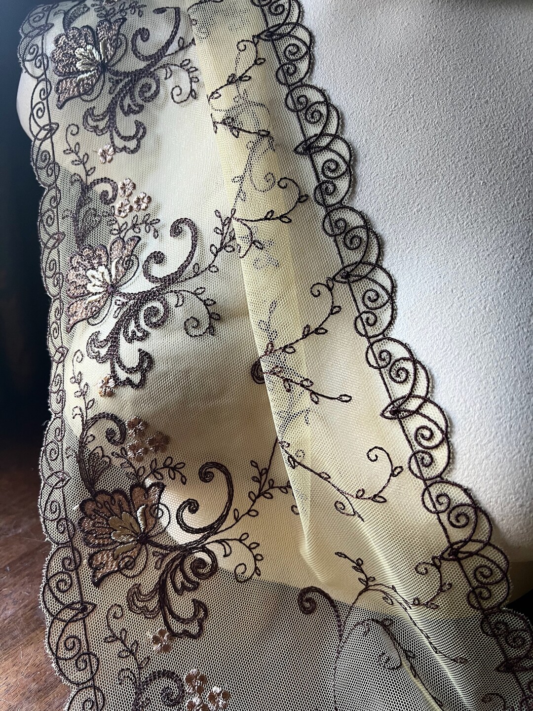 Chartreuse & Brown Lace Embroidered Lace Wide for Lingerie, Garments CL ...