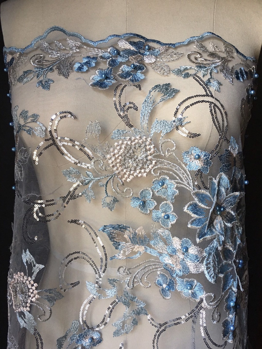 CHAMPAGNE, Silver, & Blue 3D Lace Fabric With Faux Pearls (HALF YARD ...