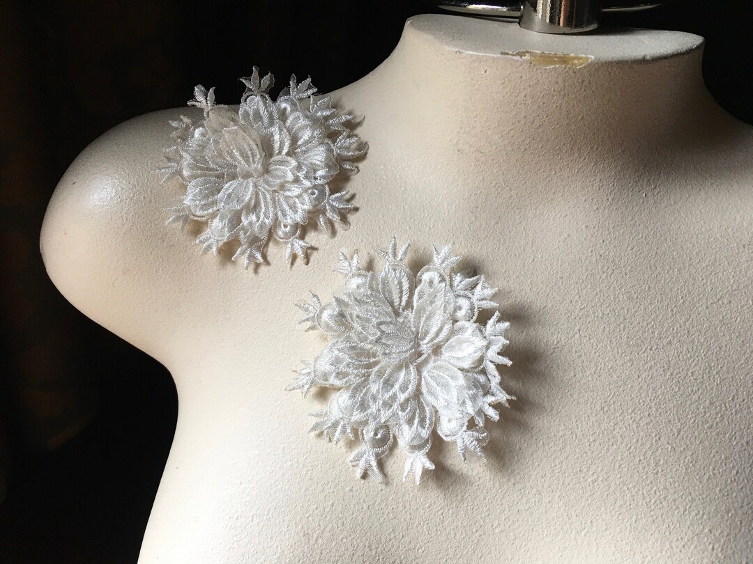 2 WHITE 3D Beaded Flower Appliques #4 for Lyrical Dance, Snow Queen ...