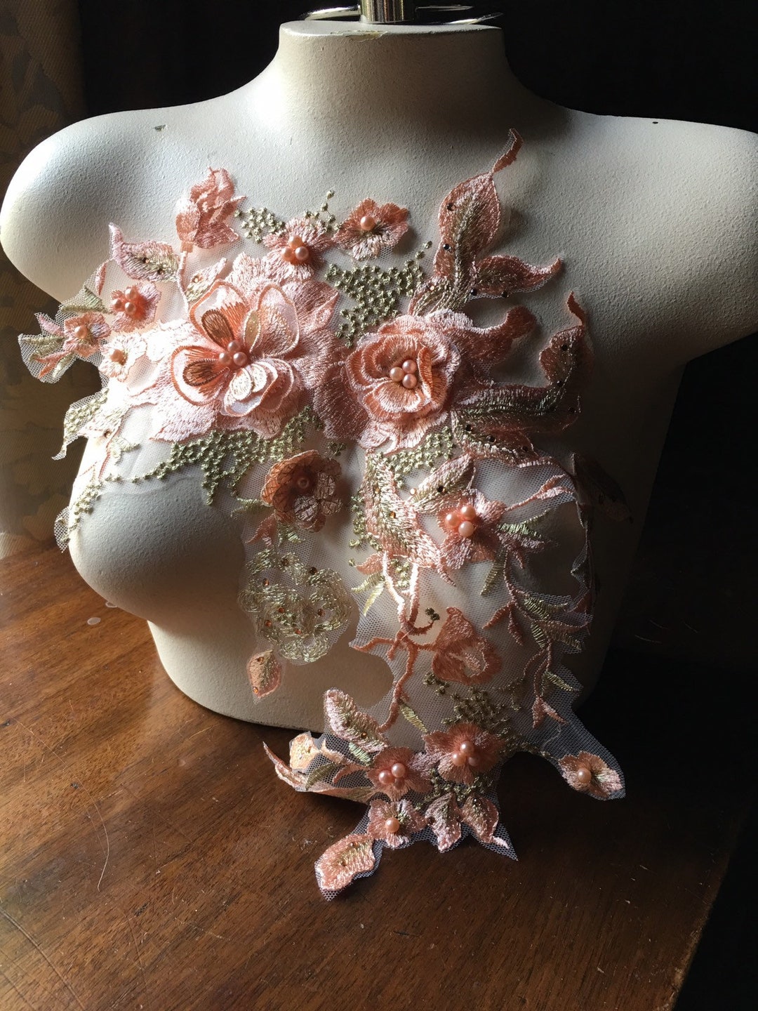 Peach & Gold 3D Floral Applique: Beaded Embroidered Lace (15x11.5") F15 ...