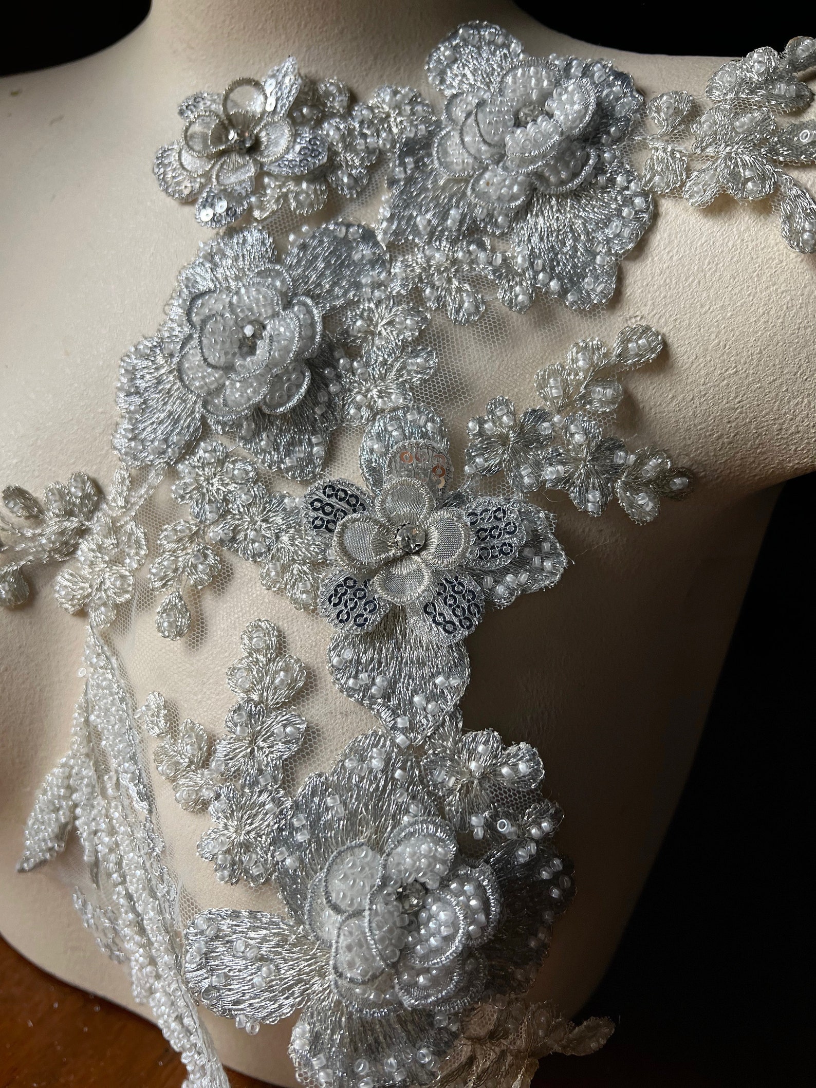 SILVER Applique Beaded Lace #1 for Lyrical Dance, Ballet, Couture Gowns ...