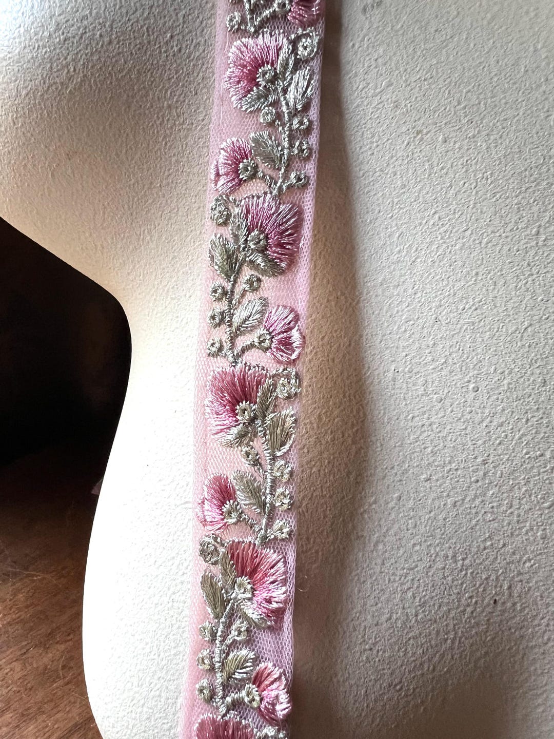 Rose & Silver Embroidered Sari Trim: Floral Net Embellishment TR 373 - Etsy