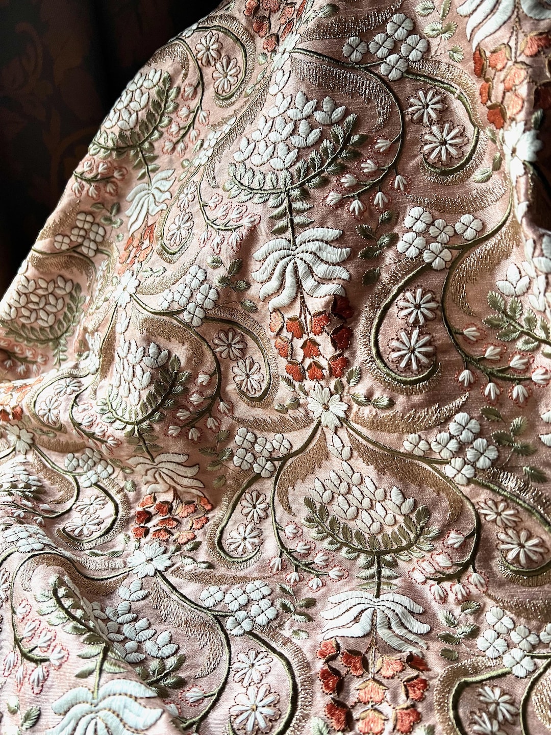 Salmon Peach Silk Embroidered Fabric – Rococo Victorian Crafts (fat ...