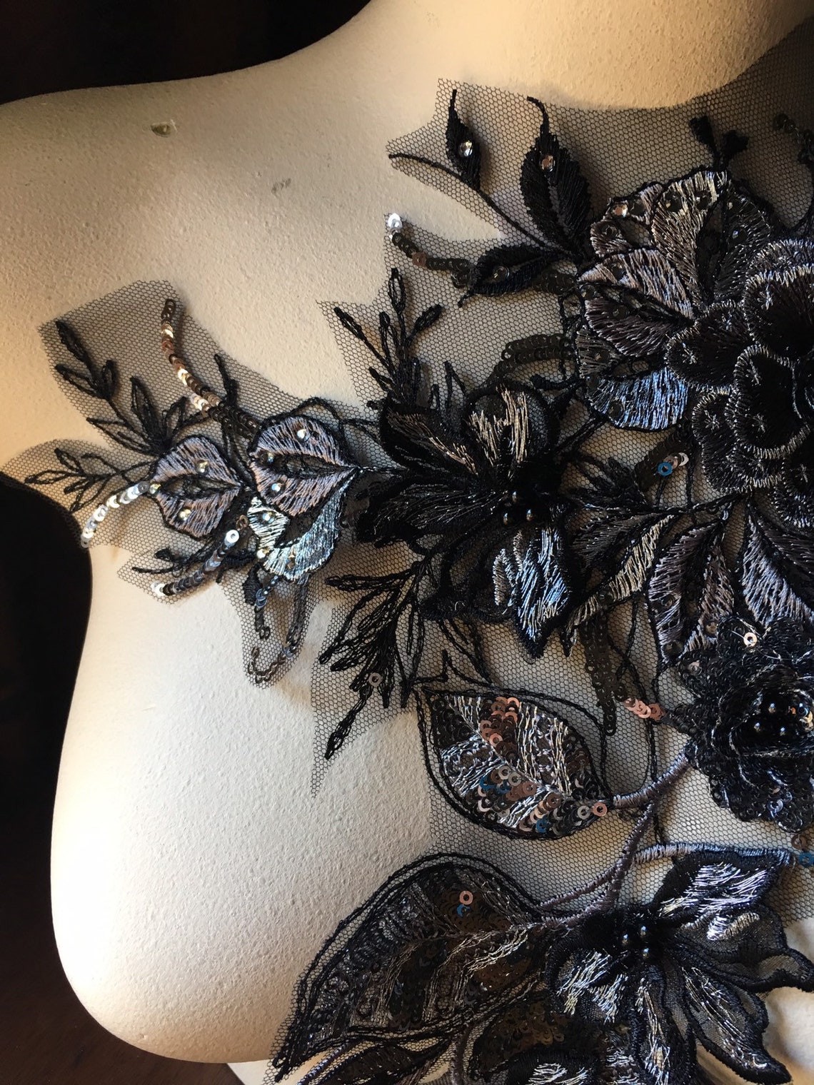 BLACK & SILVER 3D Applique 2 Beaded and Embroidered for - Etsy